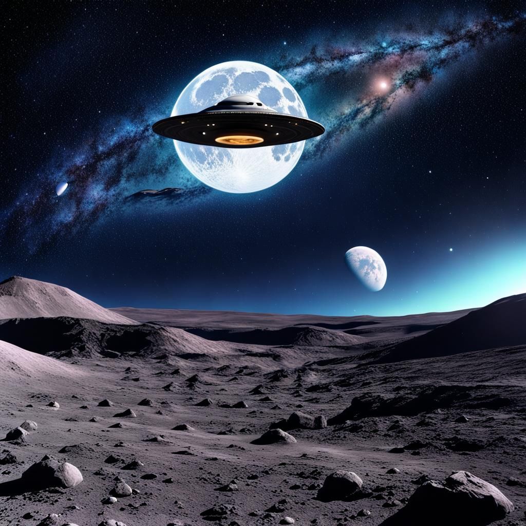 Photograph, sharp, miniature ufo with alien in it on the moon surface ...