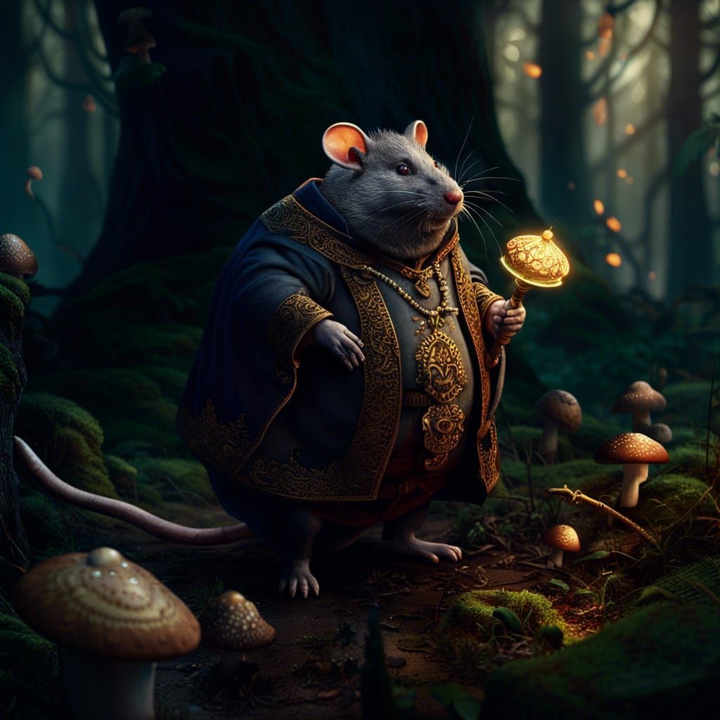 A very fat rat like person with a staff and elegant robes and royal ...