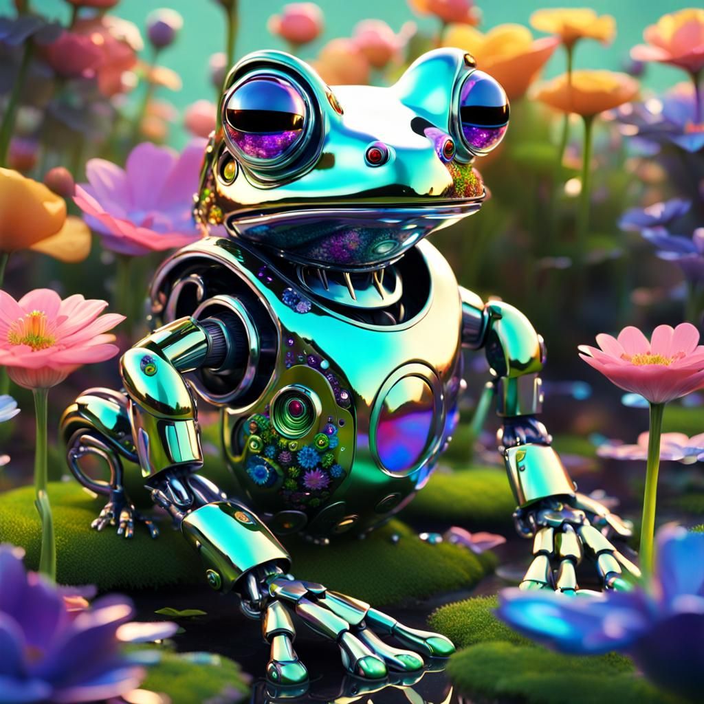 Robot frog in a flower garden. - AI Generated Artwork - NightCafe Creator