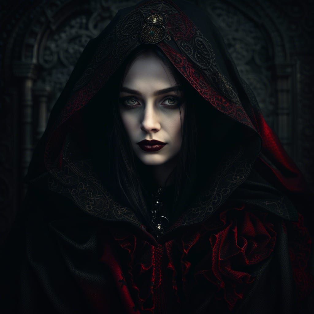 A detailed gothic portrait of a woman wearing a black veil and a hooded ...