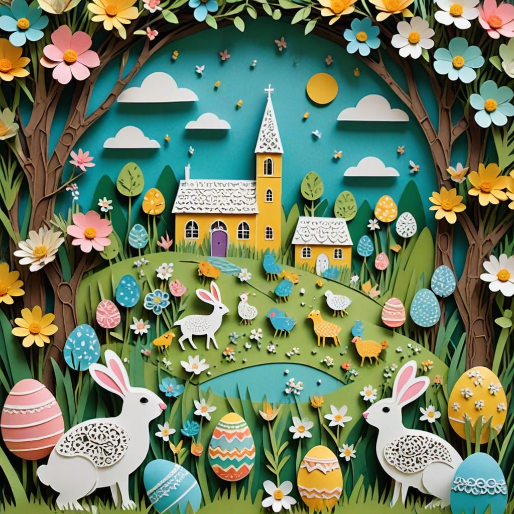 An Easter scene made out of intricate papercraft and collage, exploring ...