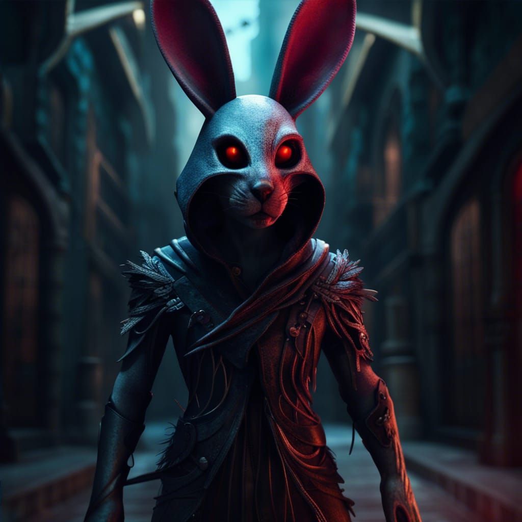 a human rabbit mix with sharp demonic eyes and a long tail in a hood ...