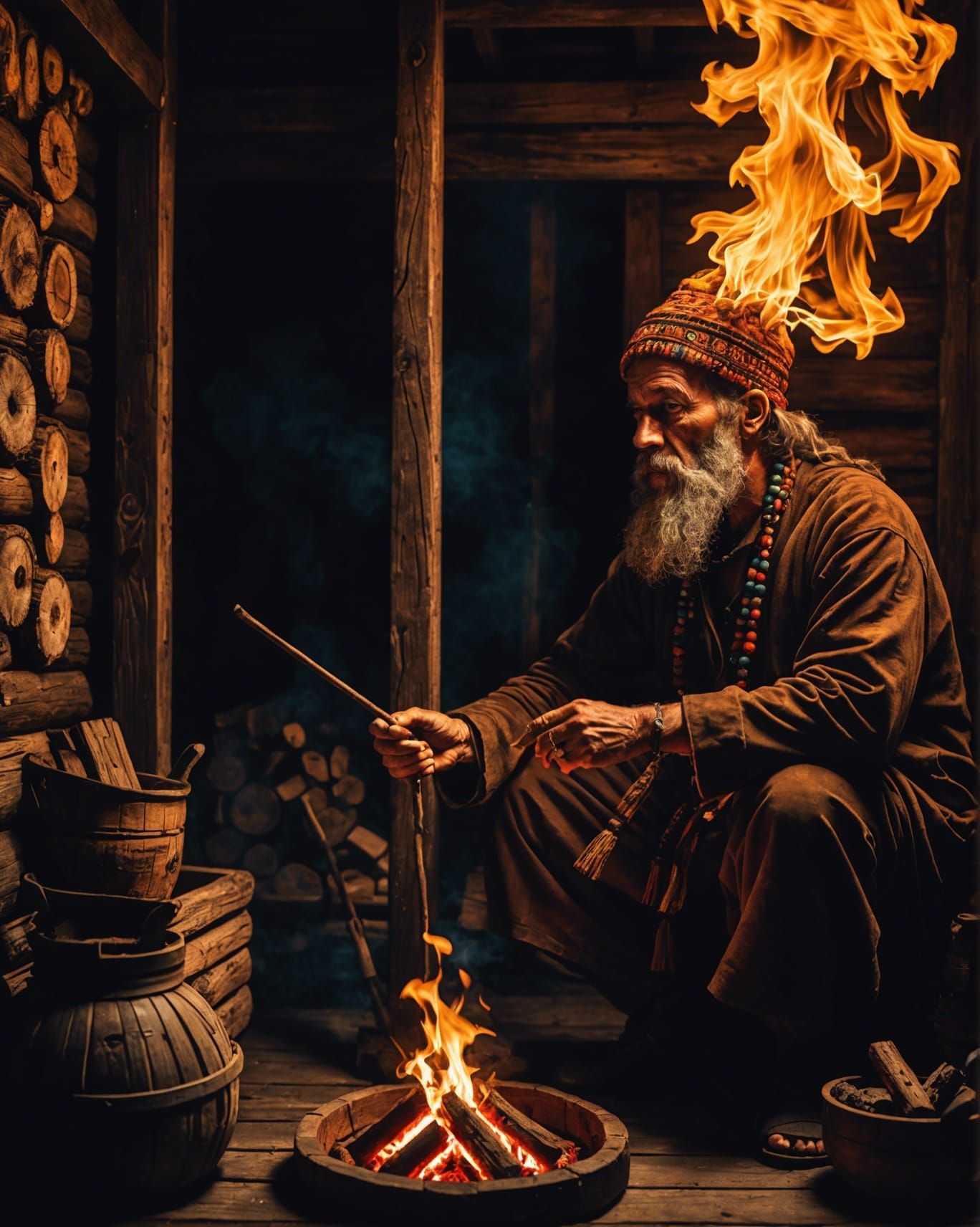 Mysterious Baltic Shaman in a Psychedelic Smoke Sa... - AI Art