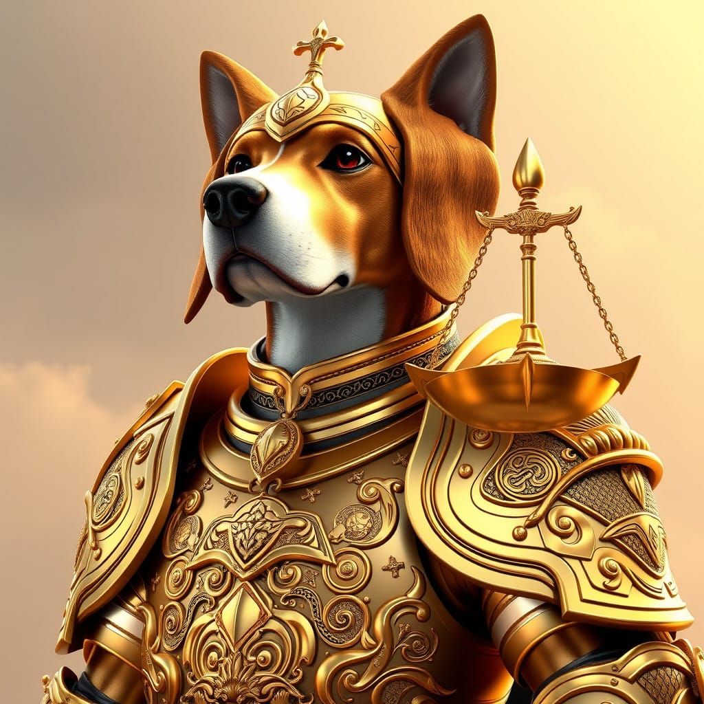 Regal Beagle Knight in Golden Armor Embodies Libra... - AI Art