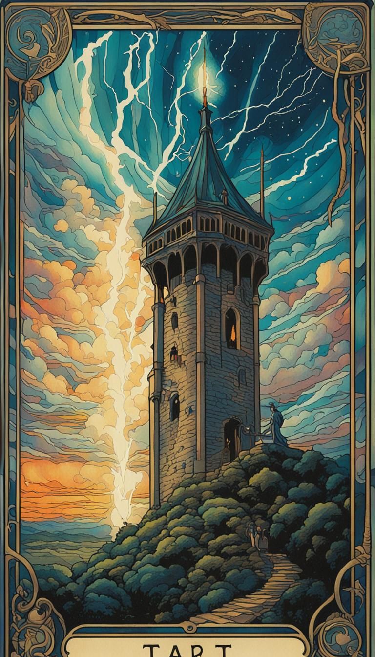 Stormy Tarot Scene in Vibrant Art Nouveau Style - AI Art