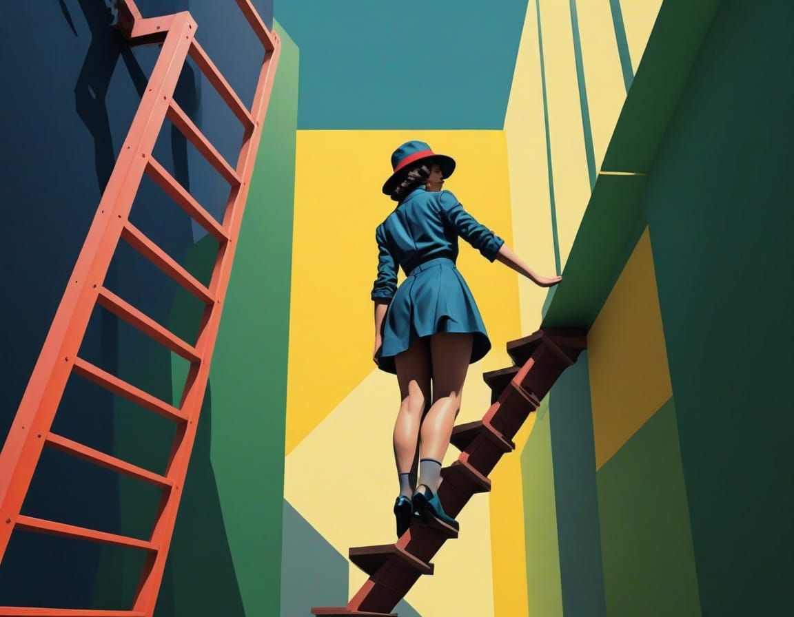 Sleek Woman Ascends Wooden Ladder in Bauhaus-Inspi... - AI Art