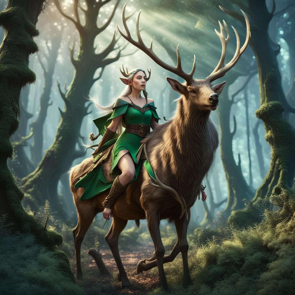 A woman dressed as an elf rides magical elk in forest - AI Generated ...