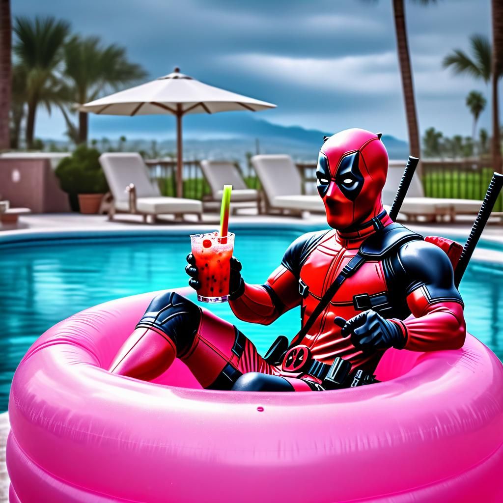 Deadpool on vacation sitting in a pink inflatable pool drinking Bloody ...