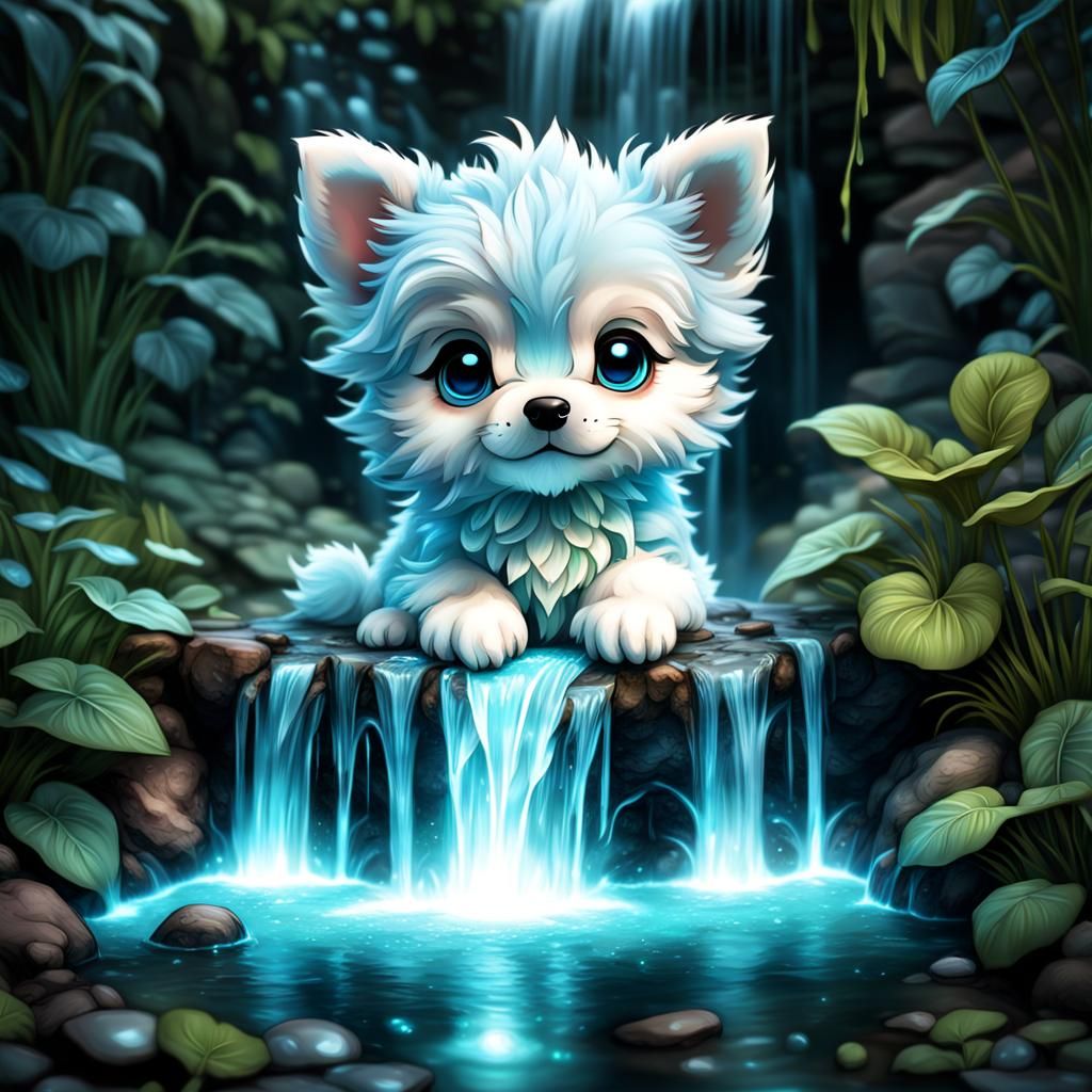 adorable cute chibi baby furry Puppy with a bioluminescent Waterfall in ...