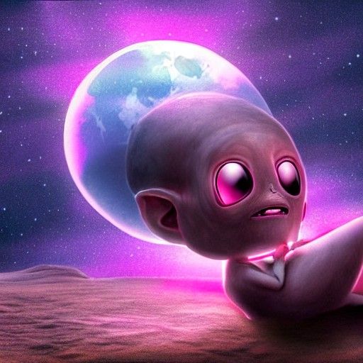 A photograph of a bigheaded alien fairy with elf ears and big black ...