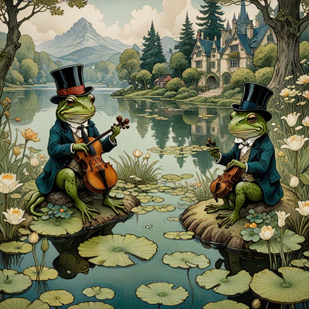 A group of small green cute frogs playing classical instruments, the ...