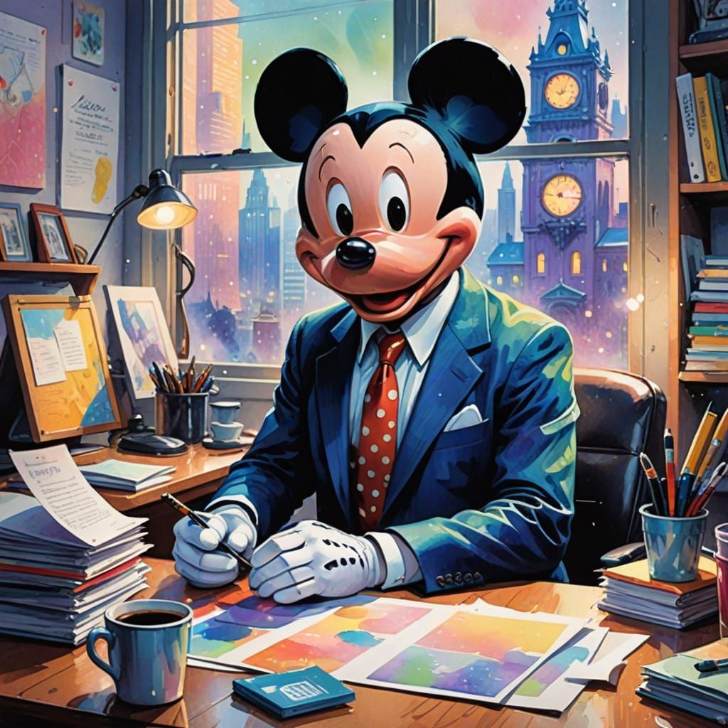 Surreal Disney Office Scene in Dreamlike Neon Hues - AI Art