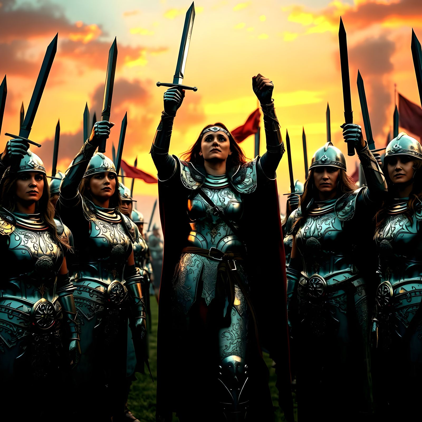 Ladies Knights raising their swords to celebrate victory on the ...