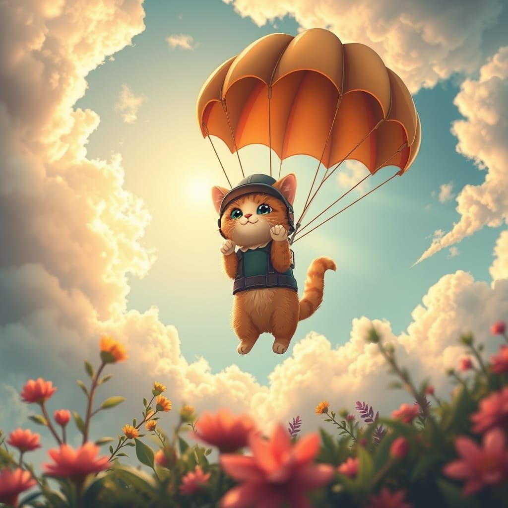 Humorous Cartoon Cat Parachuting into a Garden - AI Art