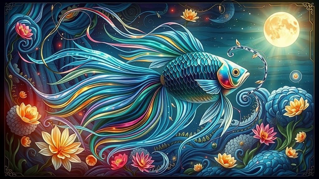A majestic, iridescent fish with glowing, rainbow-... - AI Art