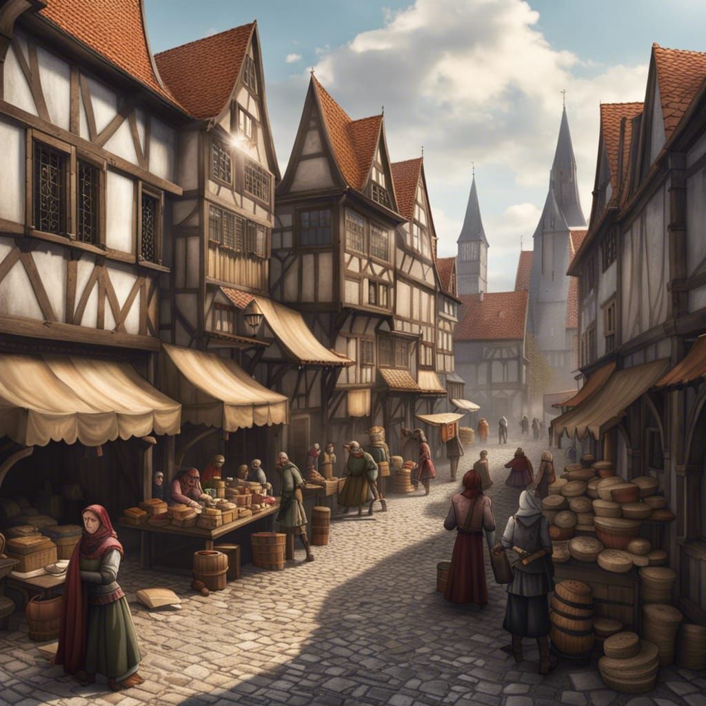 Medieval marketplace gothic-inspired architecture open-air bazaar ...