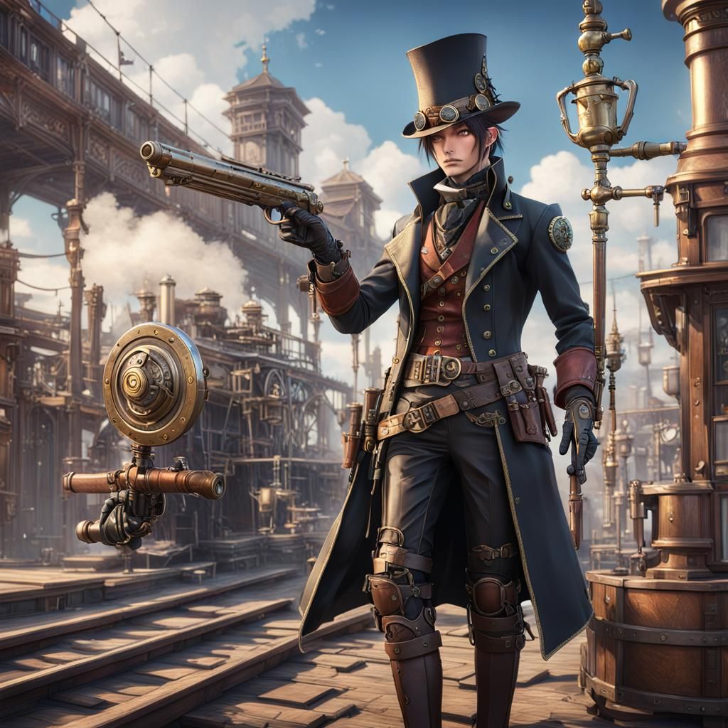 High fantasy Victorian age: steampunk young gunslinger with automail ...