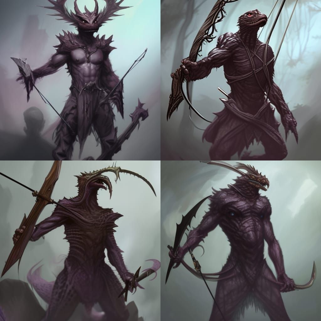 male lizardfolk with grey scales and purple eyes holding a bow and ...