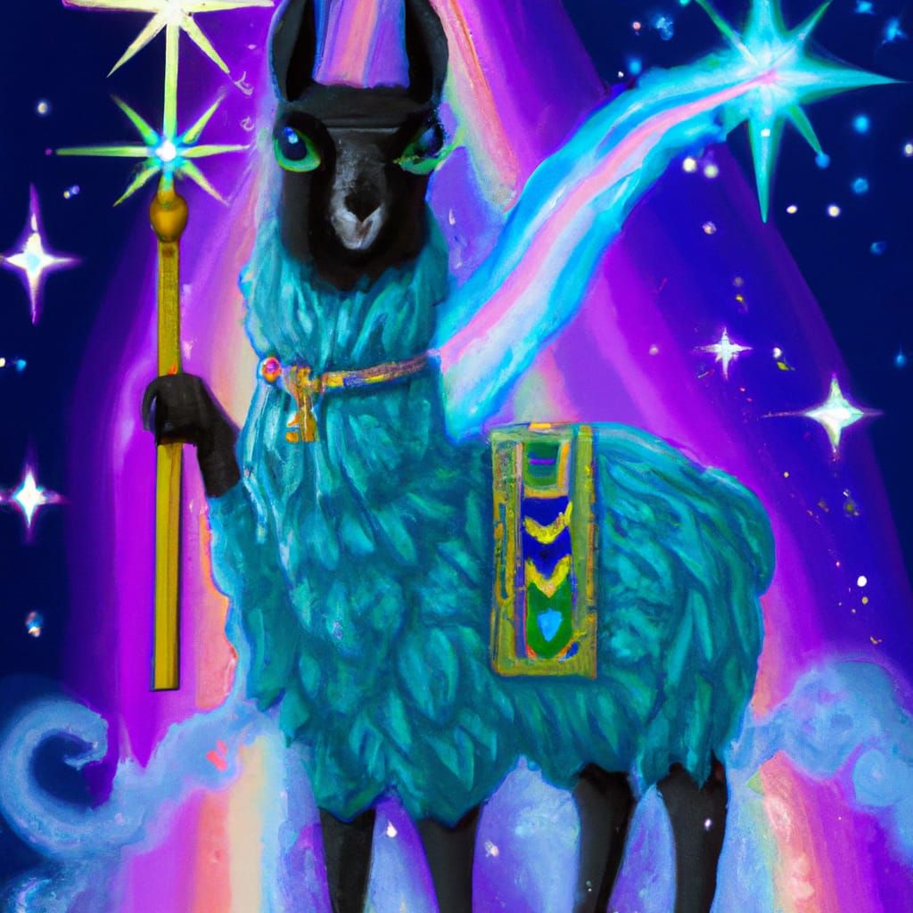 Create an illustration of a celestial lama with glittering horns and ...