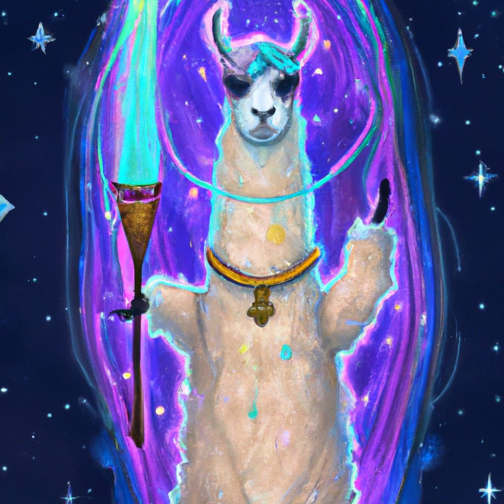 Create an illustration of a celestial lama with glittering horns and ...