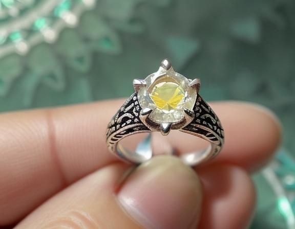 A tiny decorated elf silver ring with a bright diamond on it that ...
