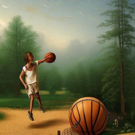 Tiny, detailed human figure playing basketball on top of a huge ...