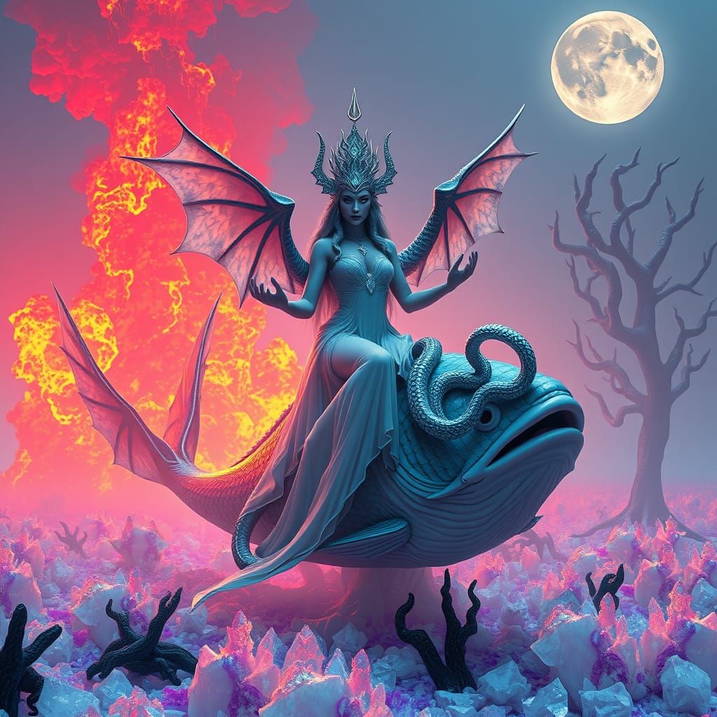 Goddess with Snakes and Diamond Horns in a Violet ... - AI Art