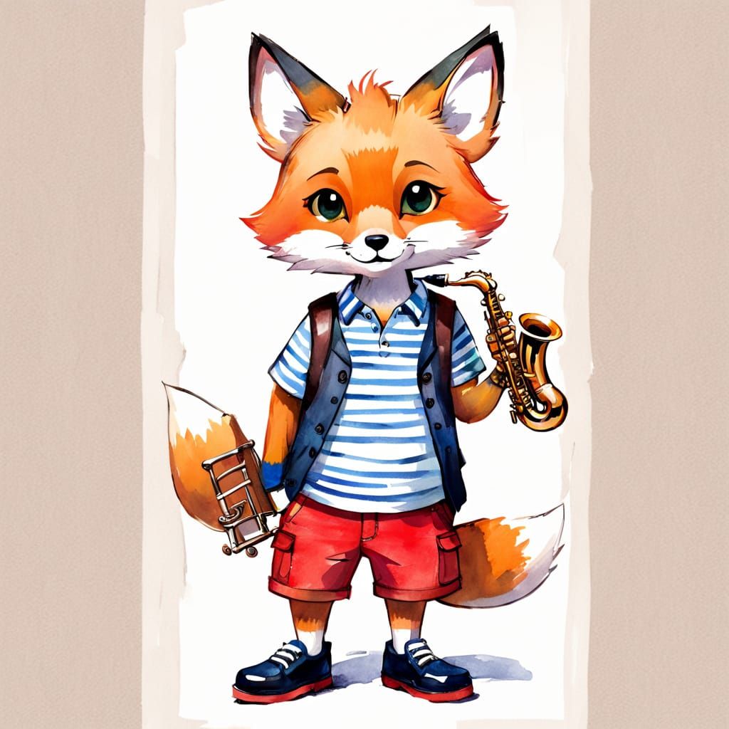 Whimsical Watercolor Fox Cub Plays Saxophone in Ca... - AI Art