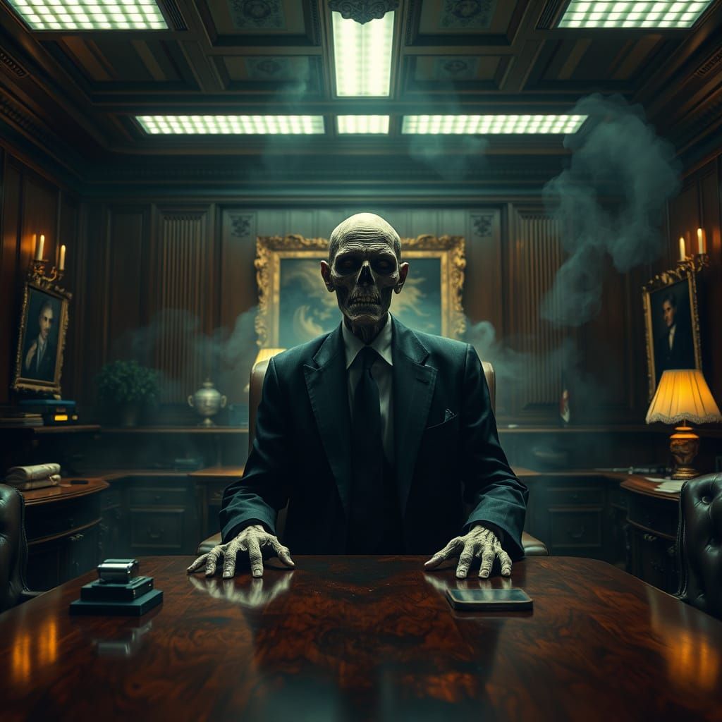 Ruthless Zombie CEO in Surrealistic Boardroom - AI Art