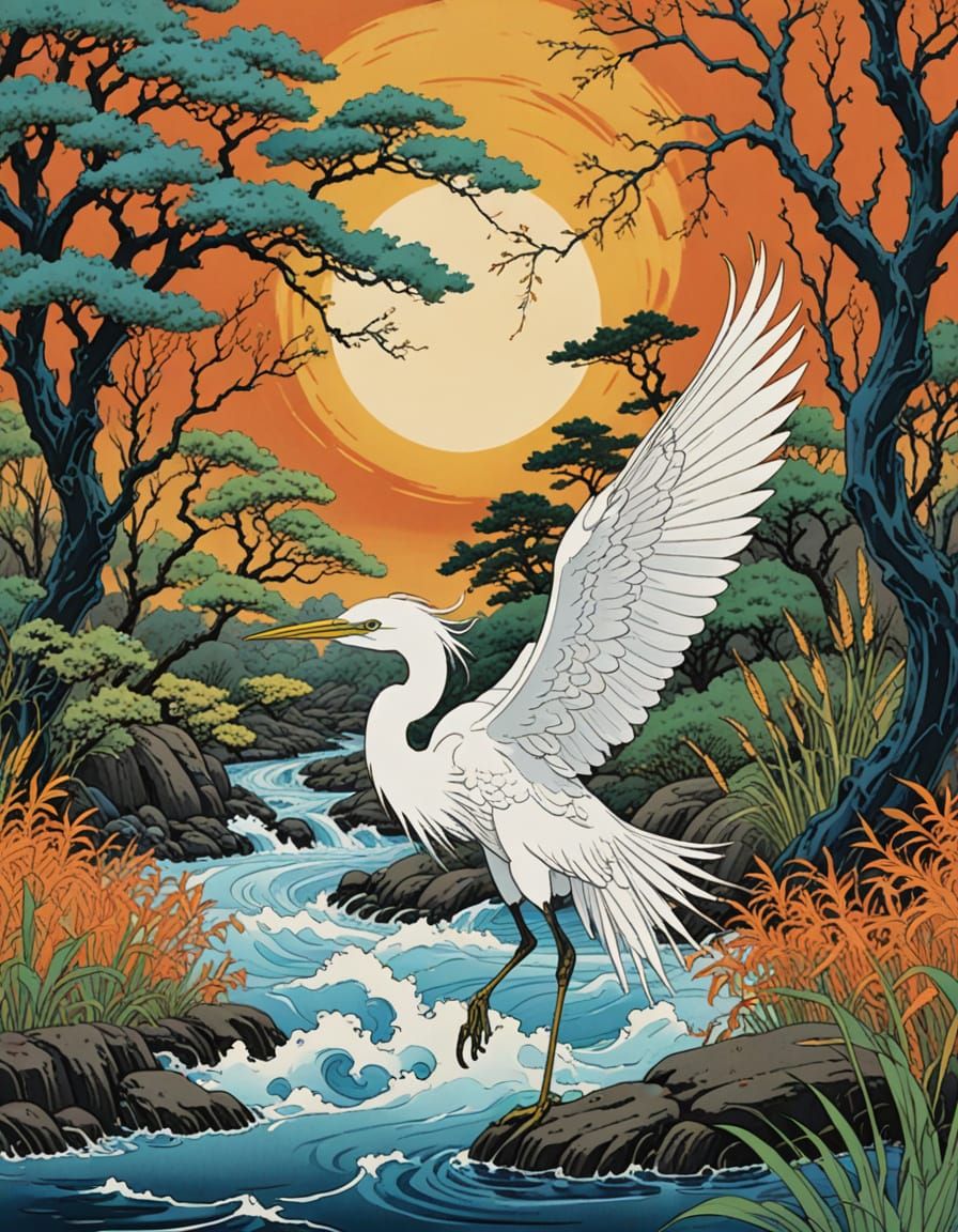 Ethereal Egret in Japanese Ink Scroll, Ukiyo-e Sty... - AI Art