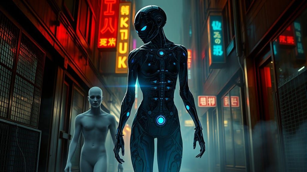 Android in a Cyberpunk Dystopian Alleyway, Blendin... - AI Art