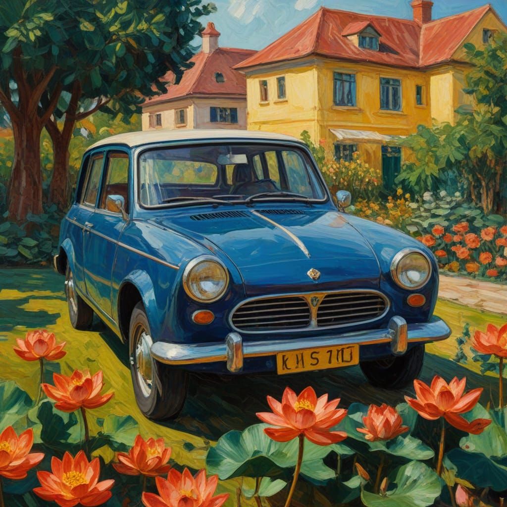 Vibrant Expressionist Lotus Flower Car in a Garden - AI Art
