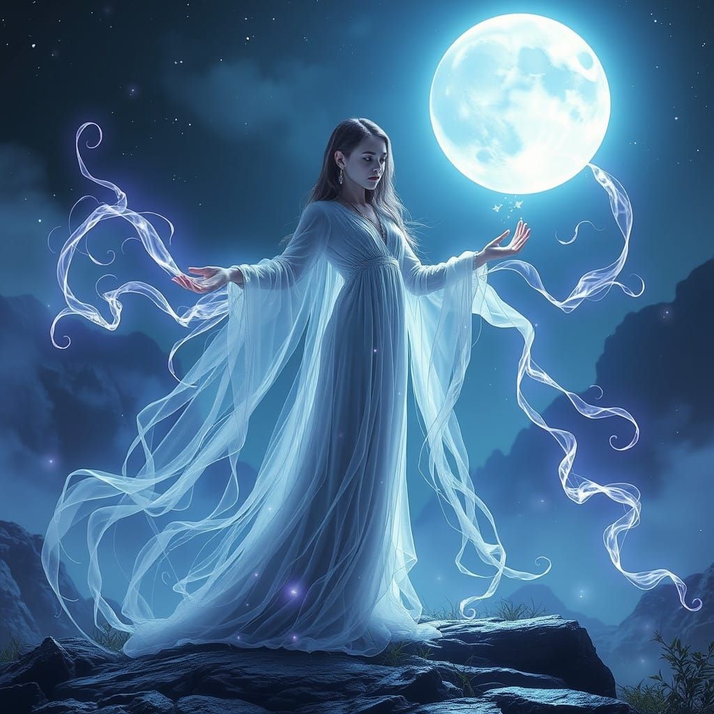 spirit of the moon - Mystical Moonlit Witch Conjures Etherea...
