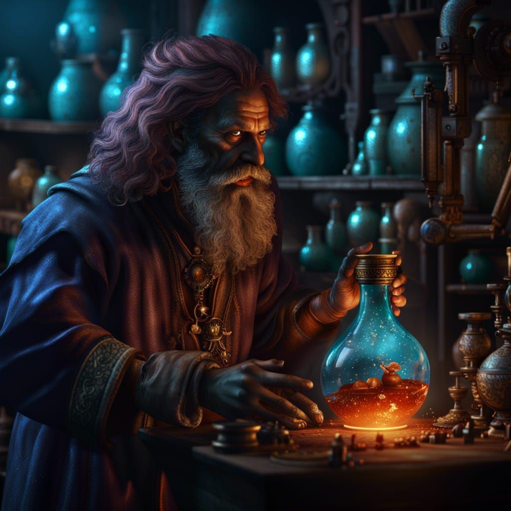 Alchemist in lab holding a vase extremely detailed matte painting, deep ...