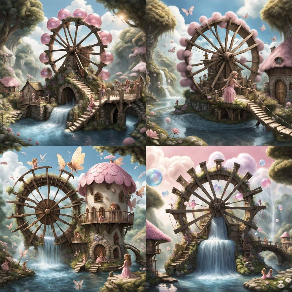 Fantasy Waterwheel in Iridescent Bubbles Powers Fl... - AI Art
