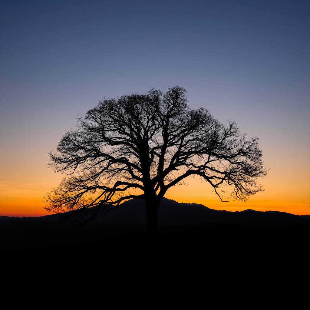 Tree Silhouette at Sunset over Majestic Mountain R... - AI Art