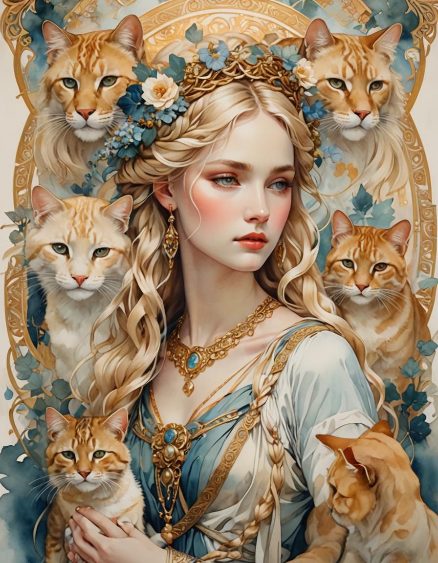 Watercolor of Freya with cats - AI Generated Artwork - NightCafe Creator