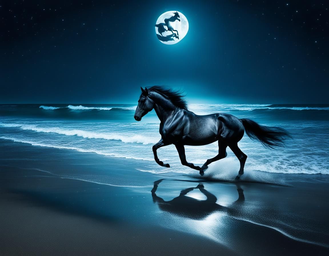 Phantom horse running in the moonlight on a nighttime beach - AI ...