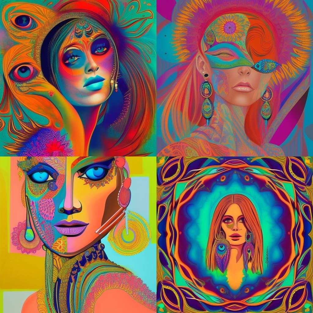 a painting of a woman with ear rings, intricate psychedelic patterns ...