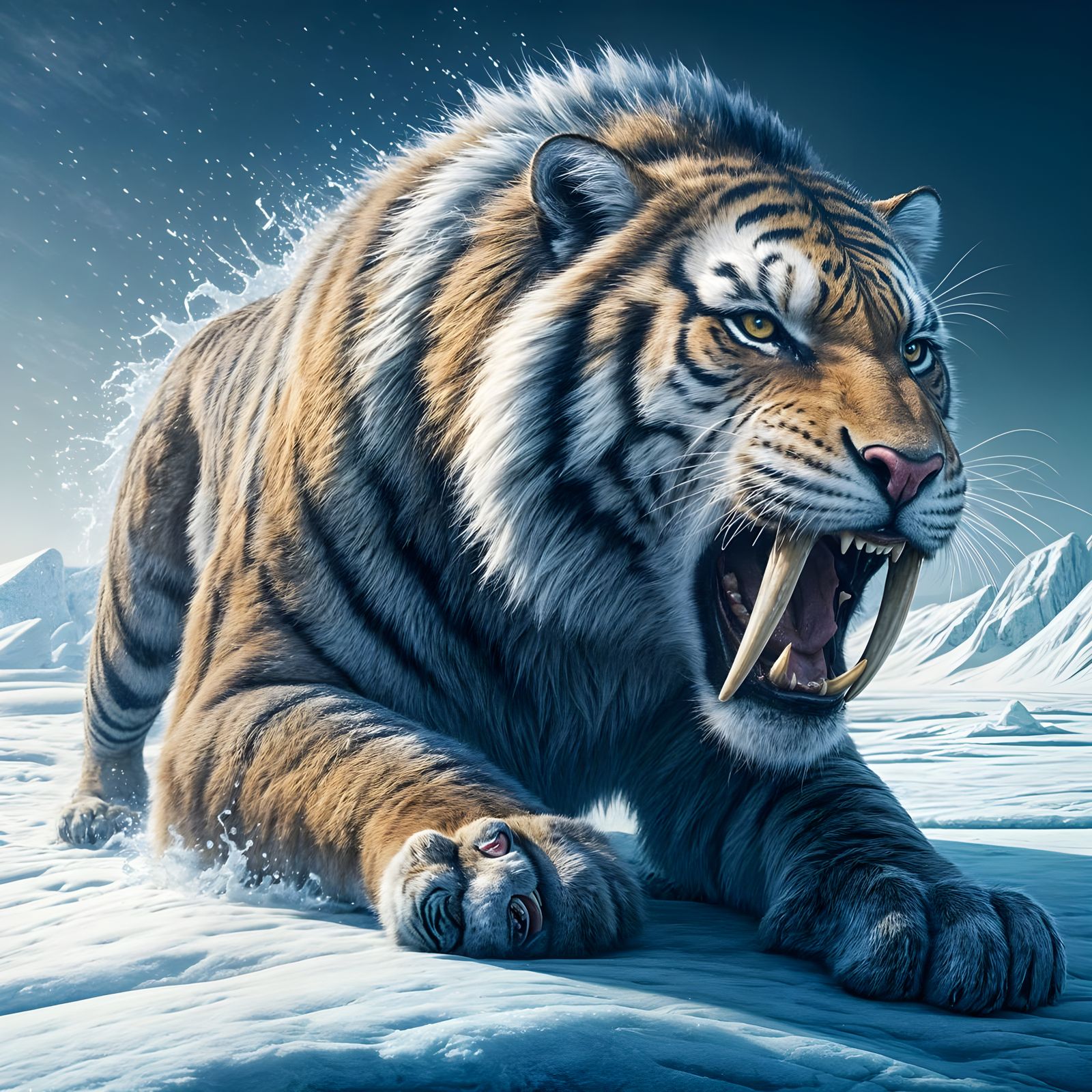 Massive saber-tooth tiger in the snowy tundra