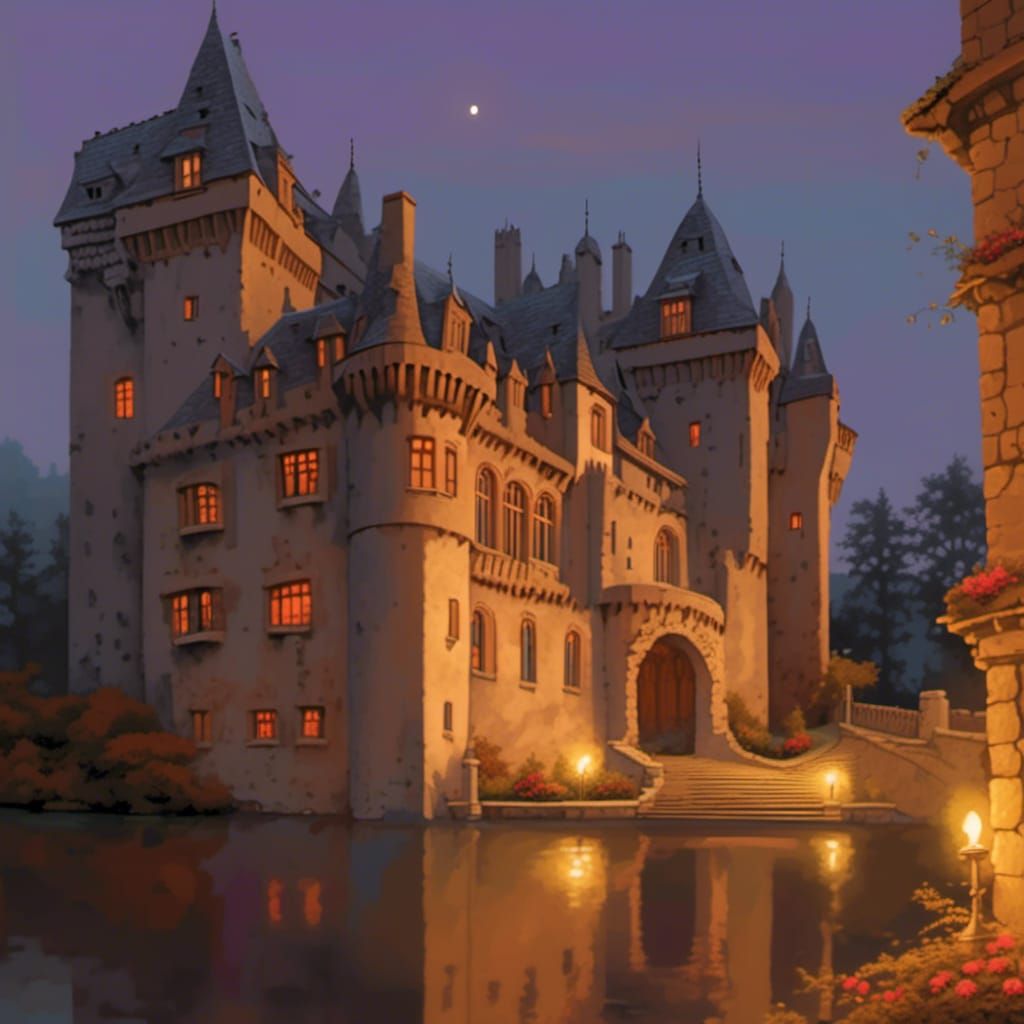 mideval castle at dusk illustrated by Guido Borelli detailed matte ...
