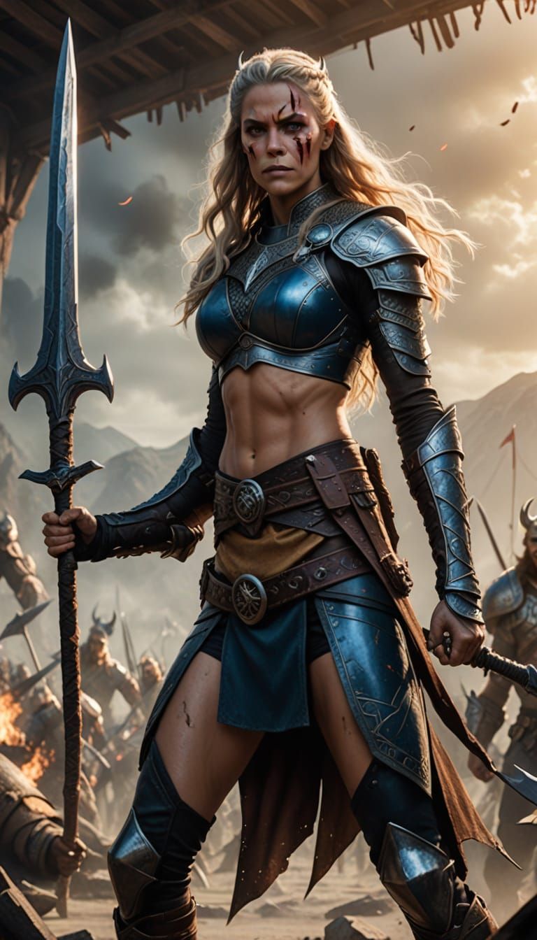 Jaime Lee Curtis as a Viking Warrior princess, fighting in battle, she stands tall and fierce ...