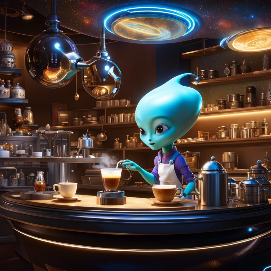 Adorable Alien barista making capacinos on asteroid coffee shop for ...