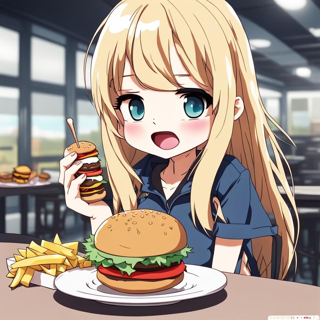 Chibi Blonde Eating vegan Burger - Chibi Anime Girl Eating ...