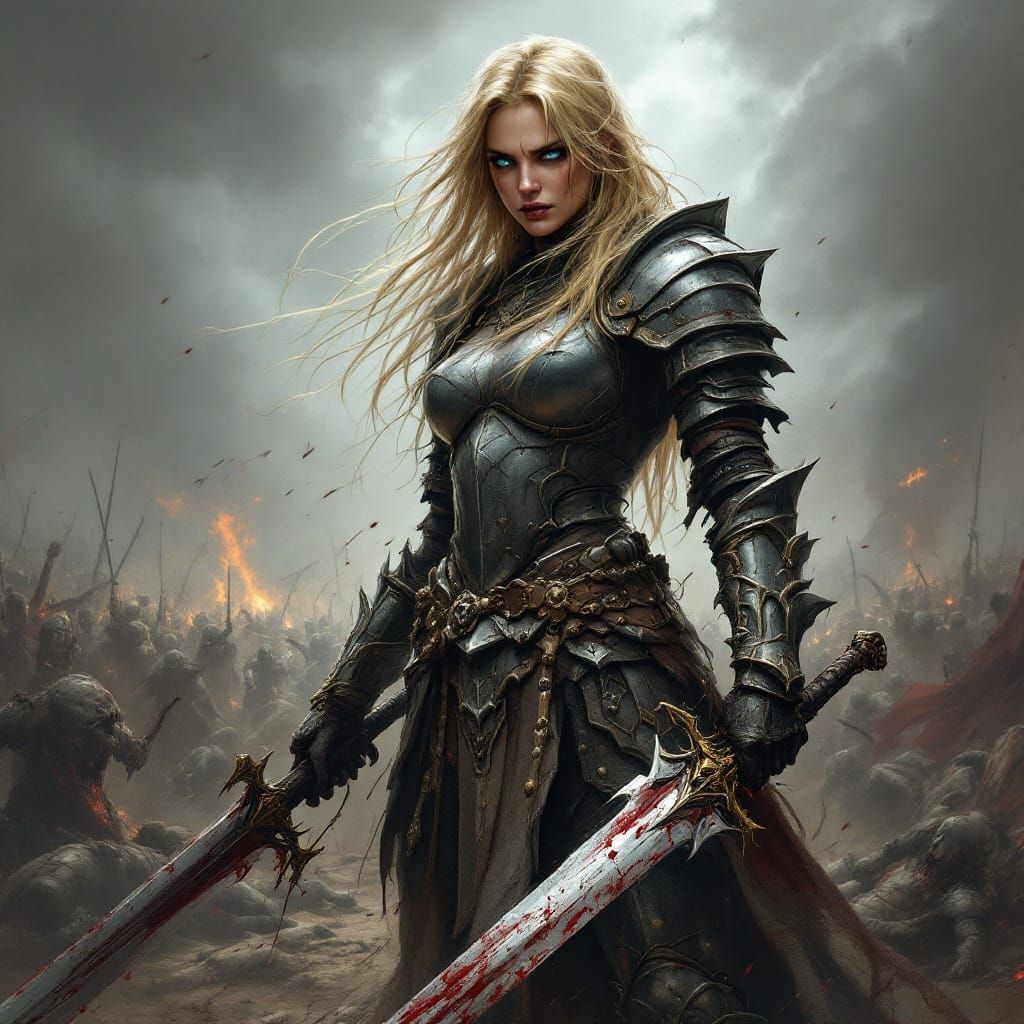 Epic Warrior Maiden in Steel Armor, Blood-Stained ... - AI Art