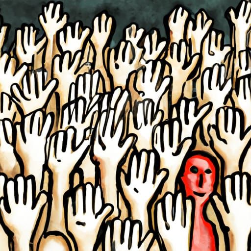 One person raises her hand in a crowd of people who do not raise their ...