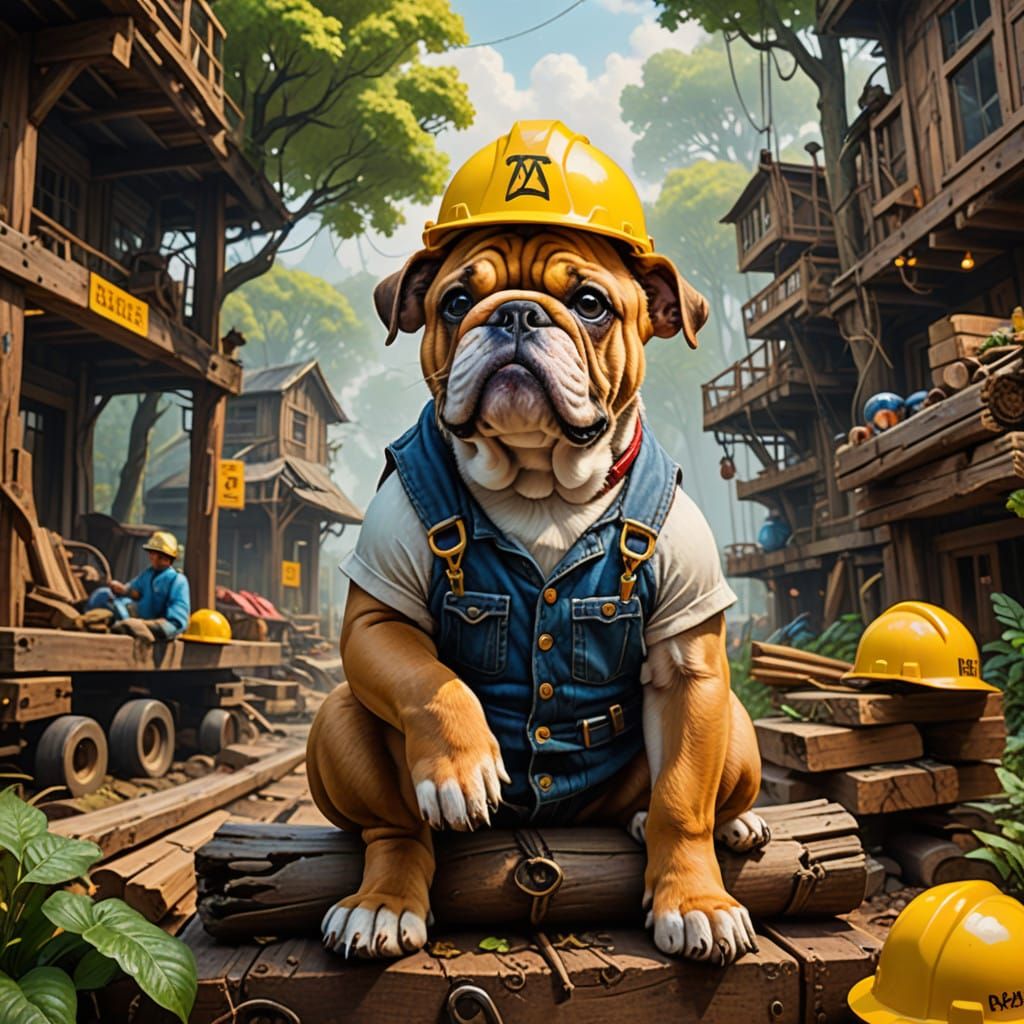A bulldog construction worker, complete with a hard hat and blueprint.