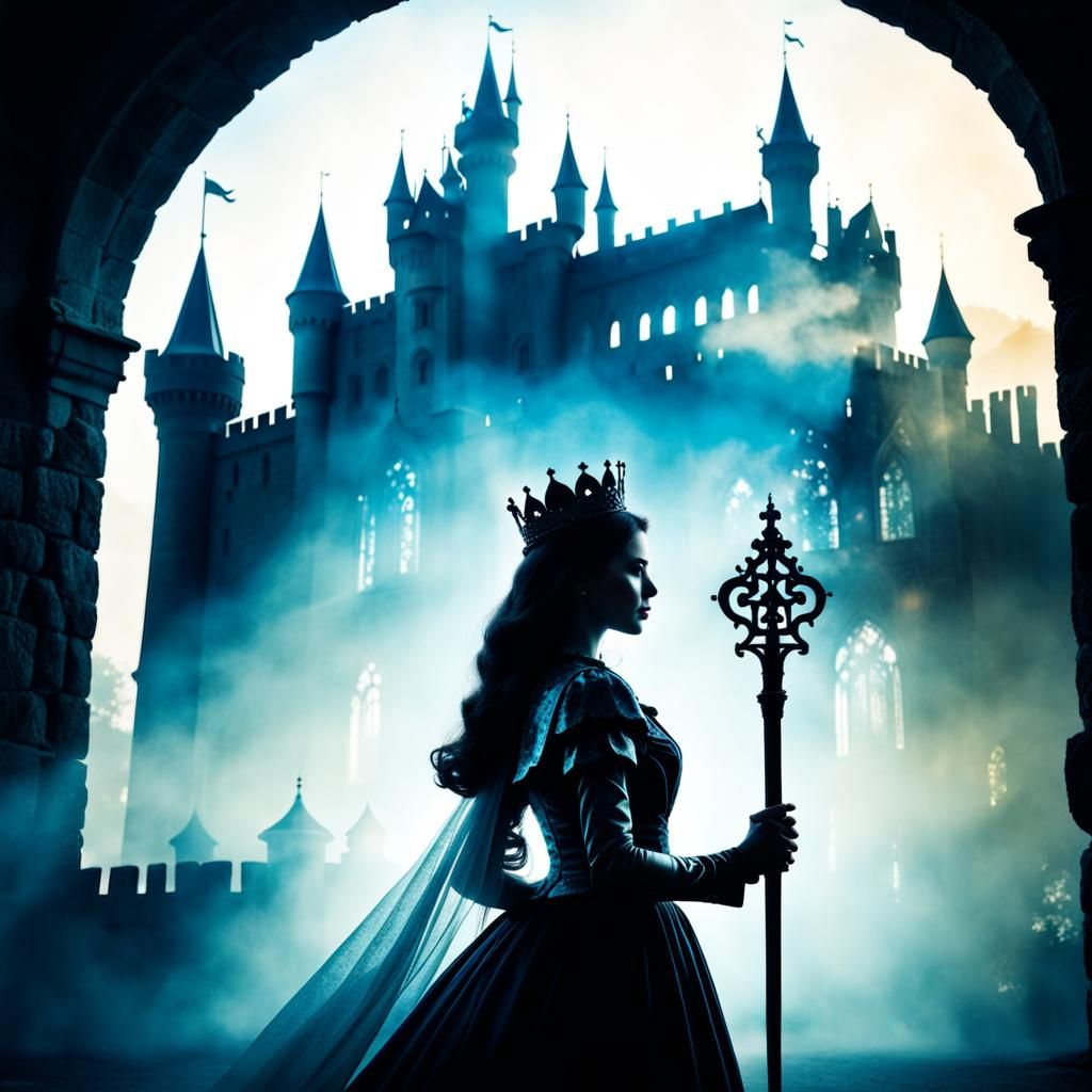 Double exposure art, a photo of a Medieval Castle inside the silhouette ...