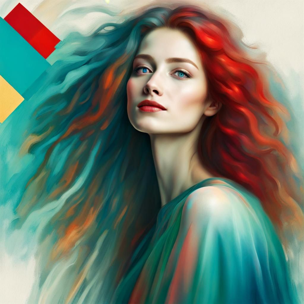 beautiful woman, easy smile, flowy hair, bauhaus style, delville, klimt ...