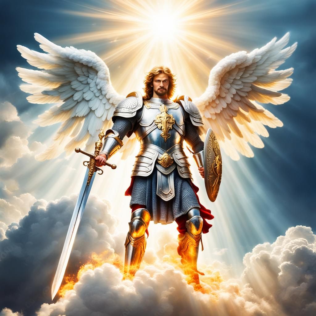 Archangel Michael on a cloud with flaming sword wearing the armor of ...